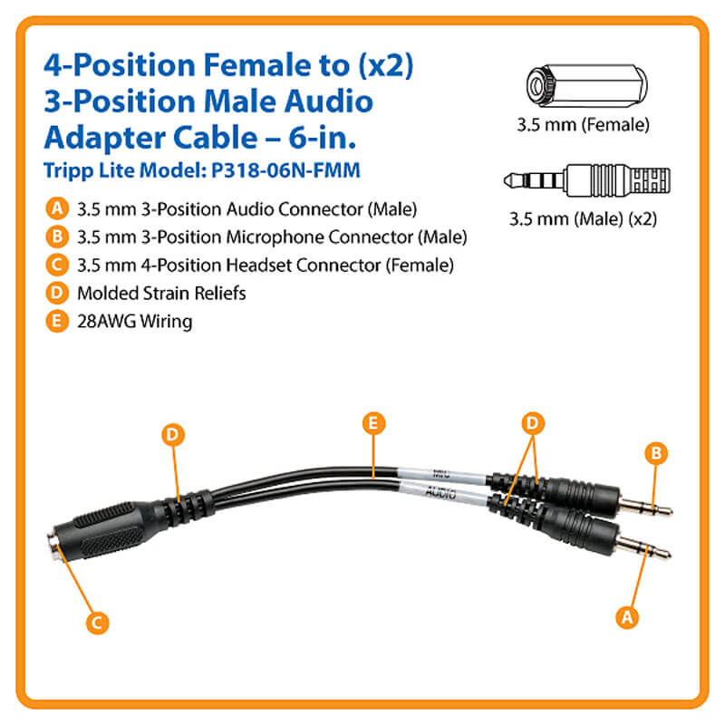 P318-06N-FMM 3.5" AUDIO SPLITER Y CABLE 1F/2*M